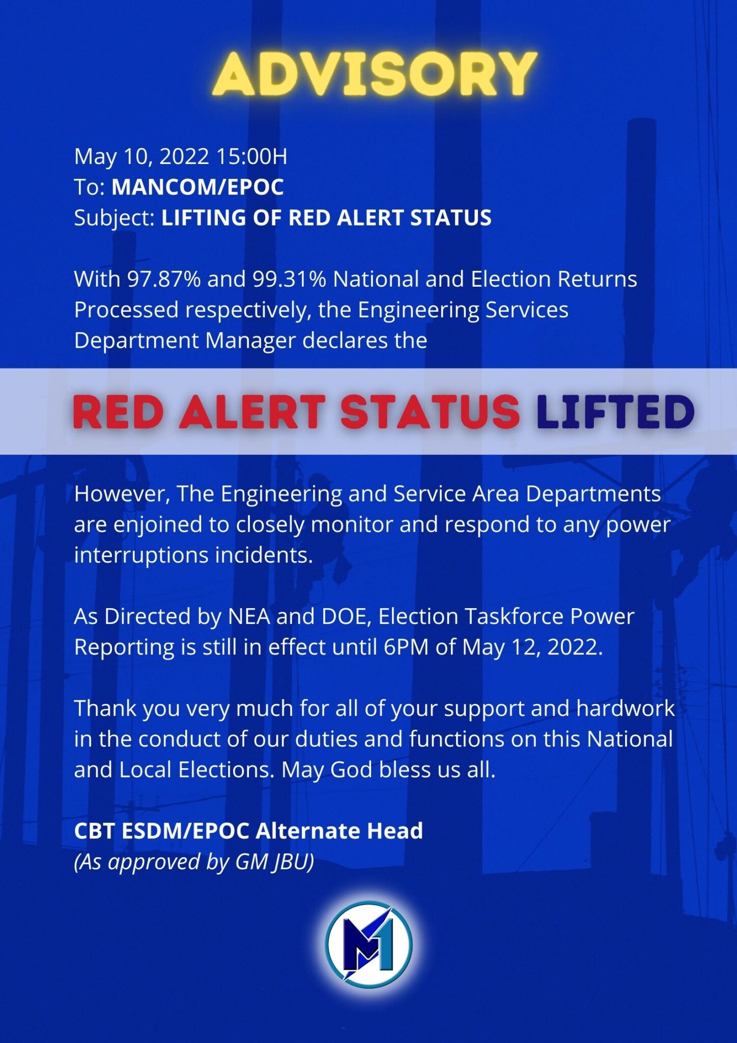 NATL & LOCAL ELECTIONS RED ALERT STATUS LIFTED – MORESCO-1