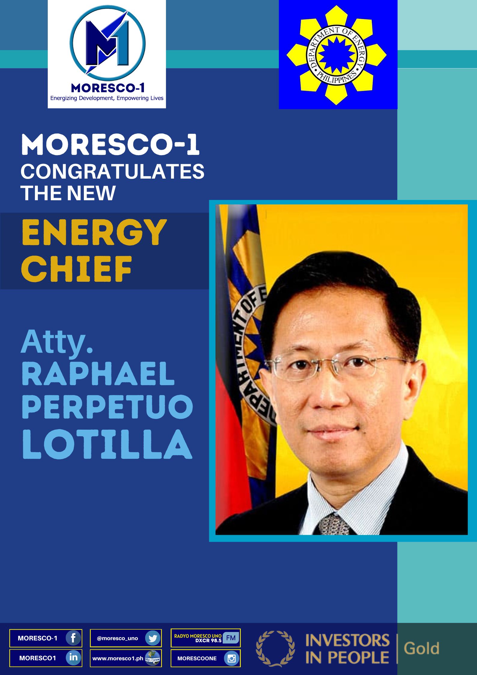 MORESCO-1 CONGRATULATES ENERGY CHIEF RAPHAEL LOTILLA – MORESCO-1