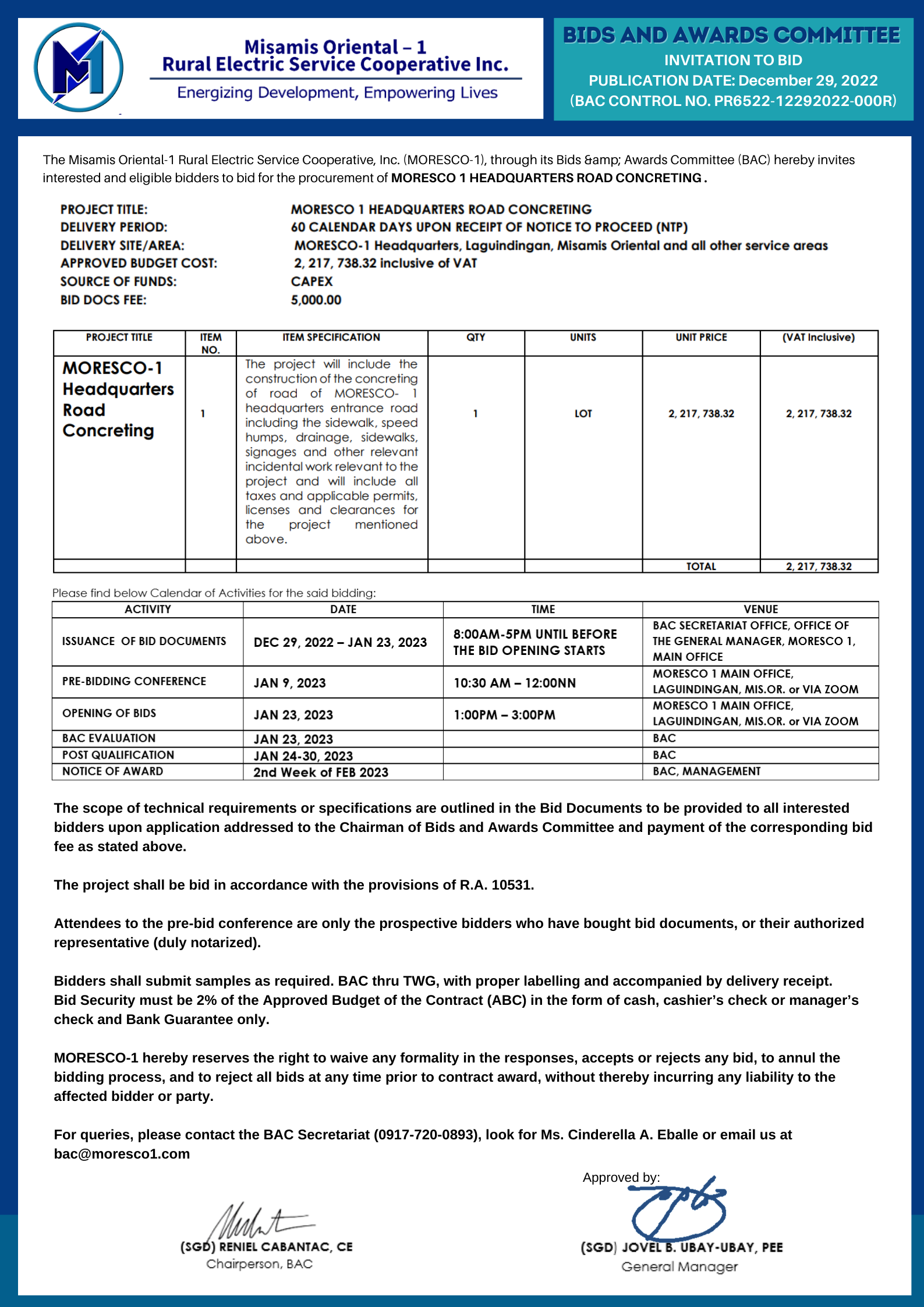 INVITATION TO BID: MORESCO 1 HEADQUARTERS ROAD CONCRETING – MORESCO-1