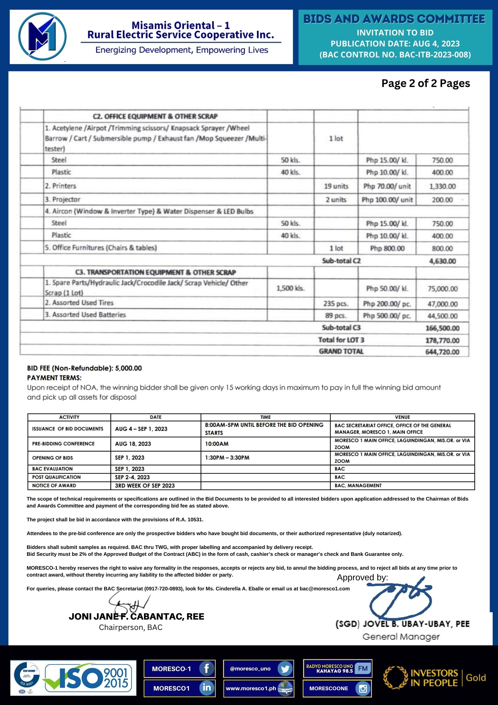 INVITATION TO BID – SALE AND REMOVAL OF MORESCO 1’s NON-PERFORMING ...