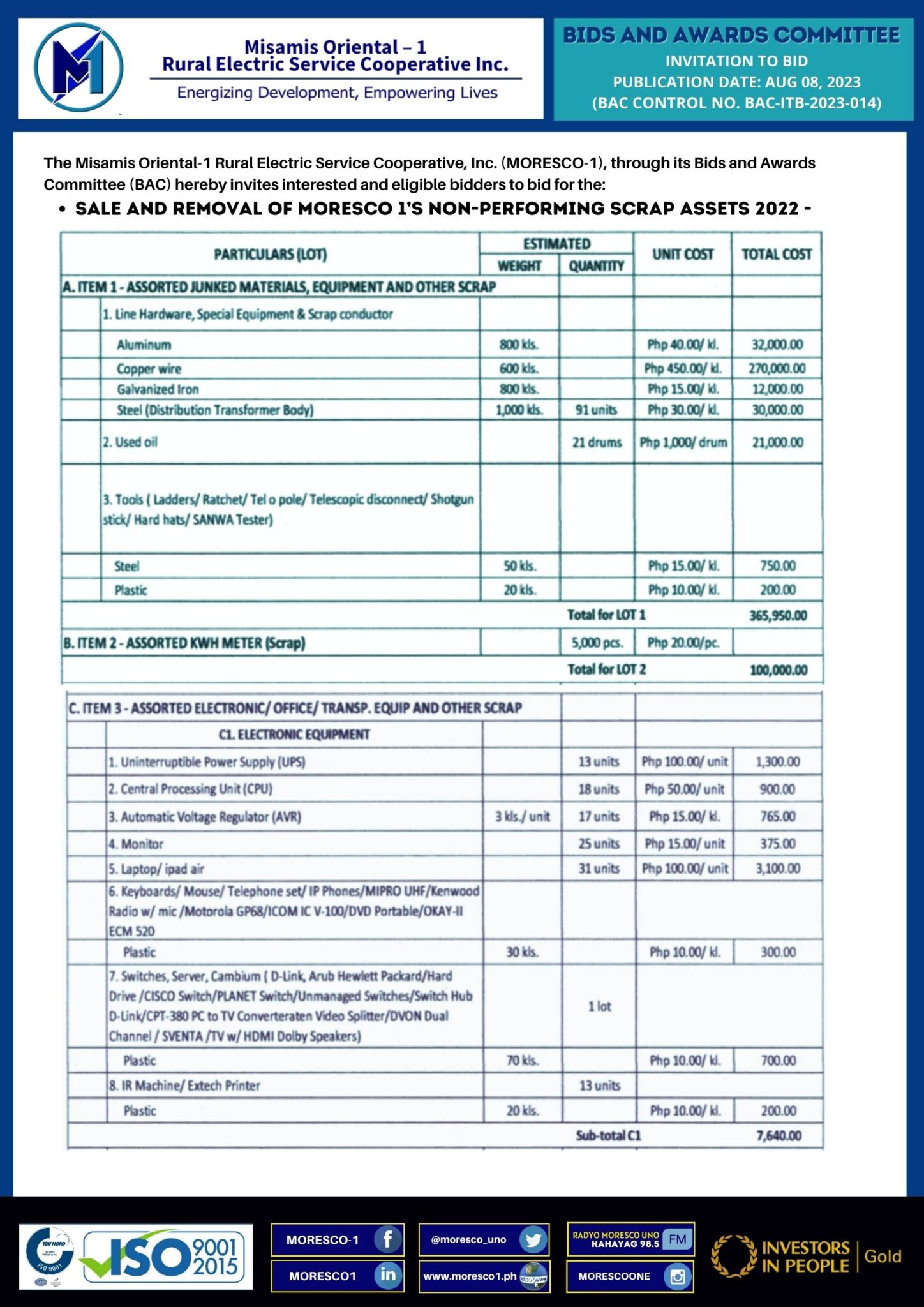INVITATION TO BID – SALE AND REMOVAL OF MORESCO 1’s NON-PERFORMING ...