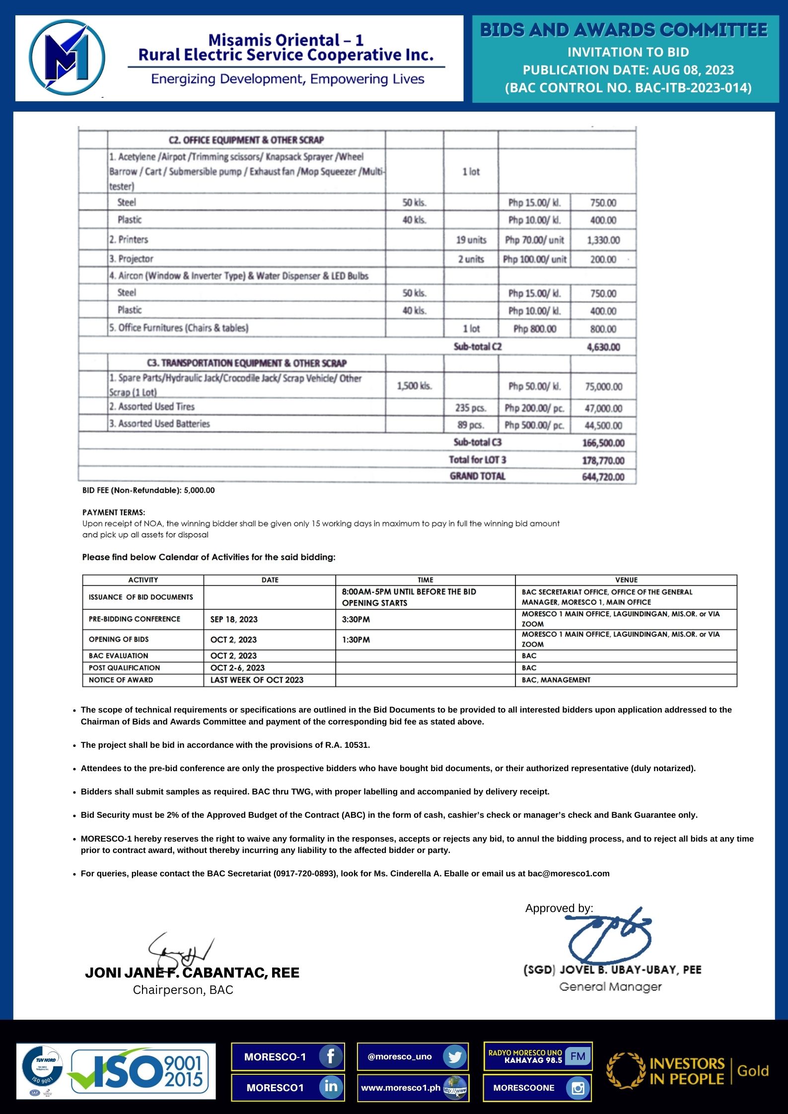 INVITATION TO BID – SALE AND REMOVAL OF MORESCO 1’s NON-PERFORMING ...