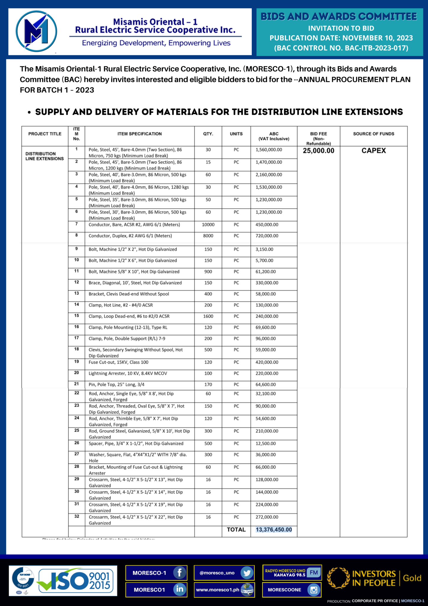 INVITATION TO BID – SUPPLY AND DELIVERY OF MATERIALS FOR THE ...