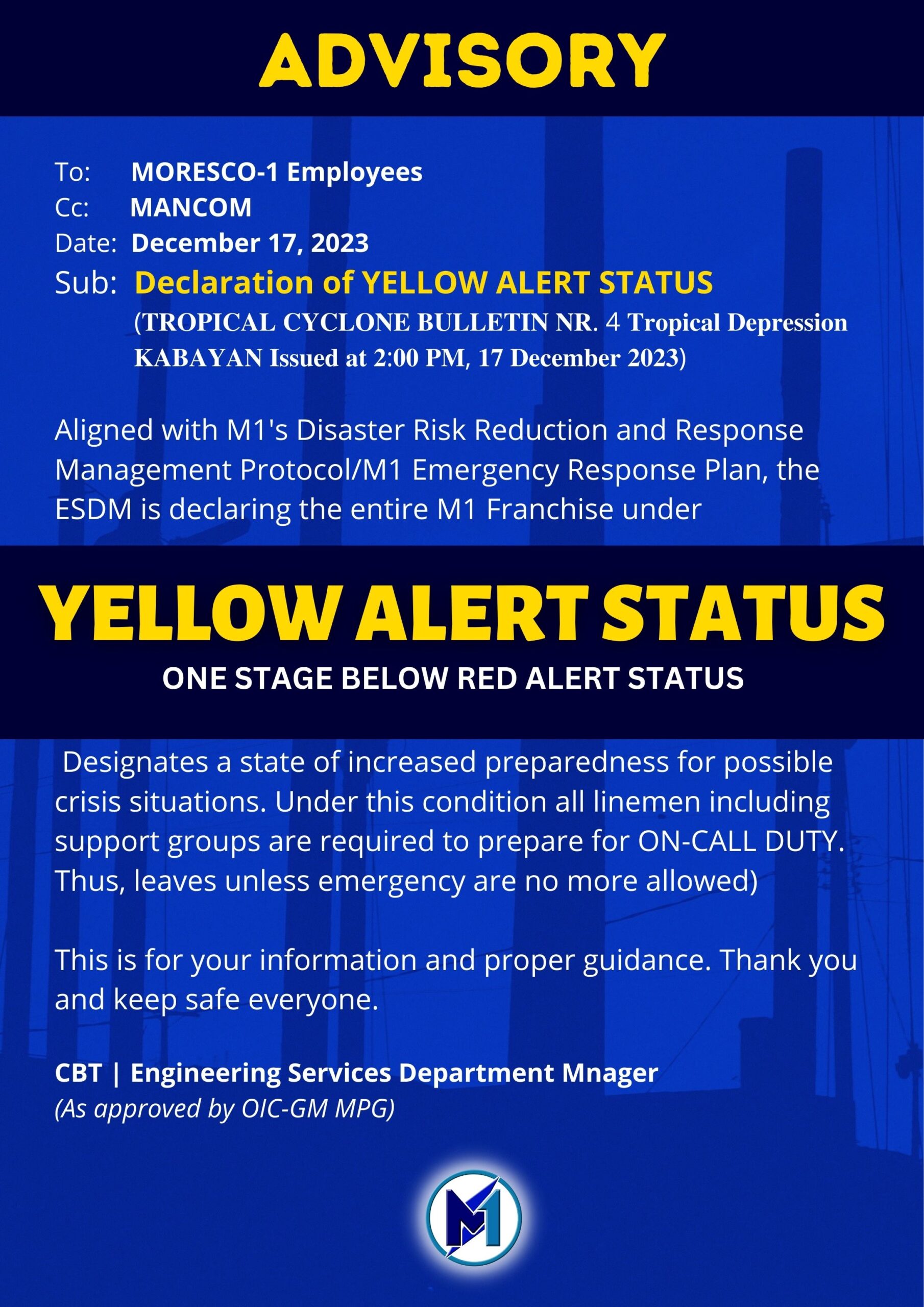 MORESCO-1 ESDM declares YELLOW ALERT STATUS over its franchise area ...
