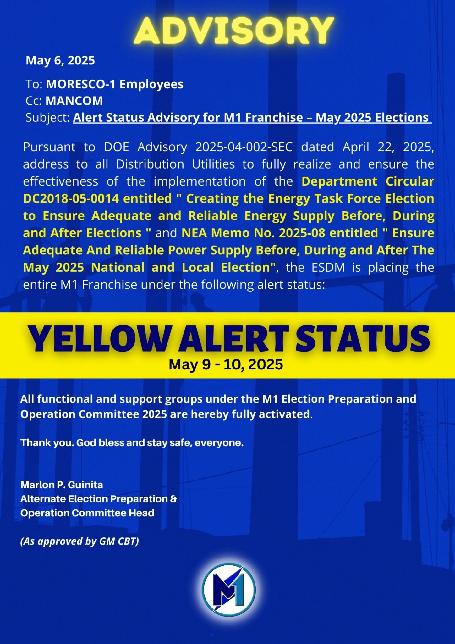 ALERT STATUS ADVISORY FOR M1 FRANCHISE – MAY 2025 ELECTIONS – MORESCO-1
