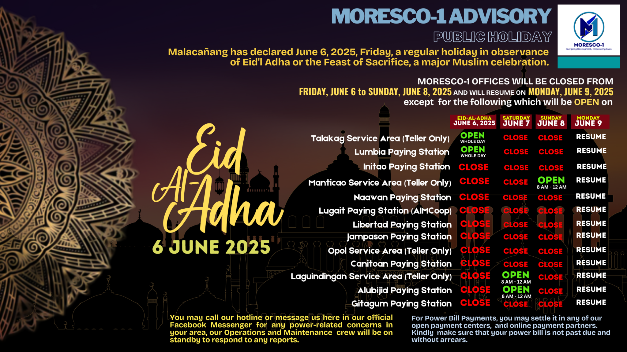 MORESCO-1 CUSTOMER ADVISORY OVER THE EID-AL-ADHA PUBLIC HOLIDAY ON ...